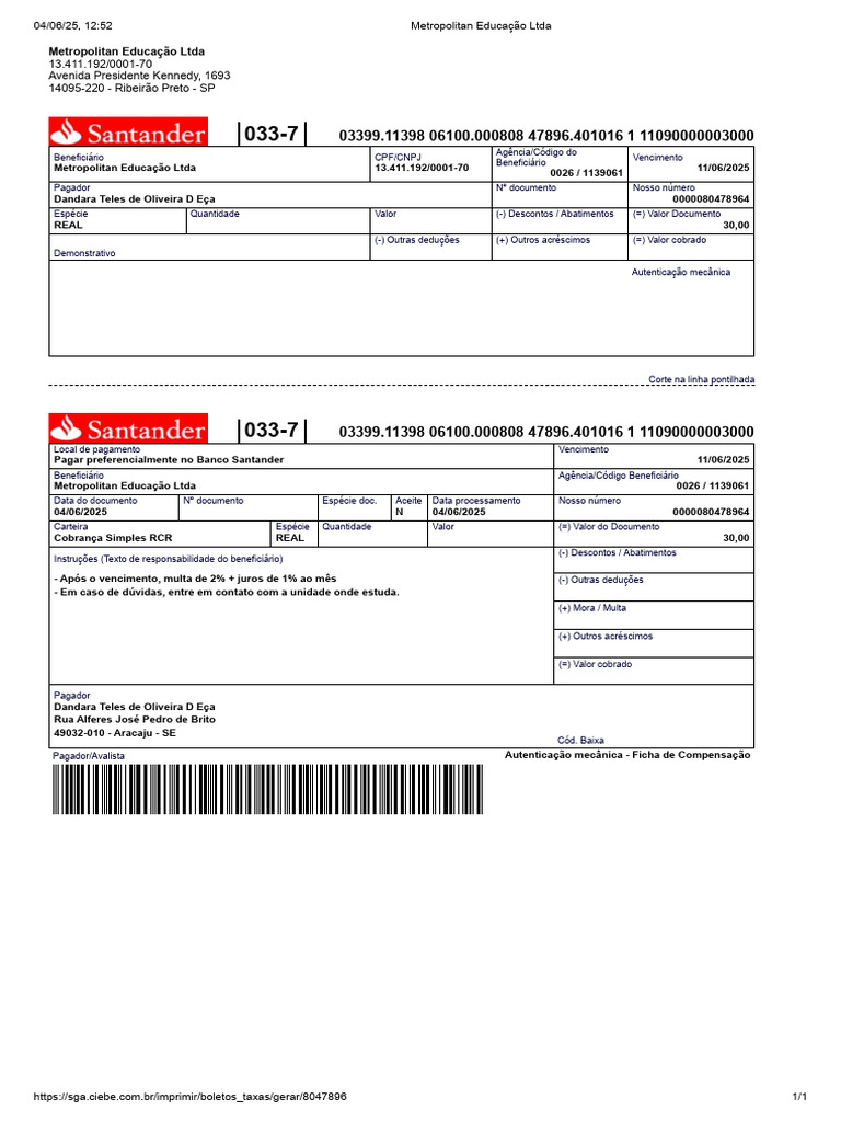 2ª Via de Boleto Santander - Metropolitan | PDF | Bancos | Serviços ...