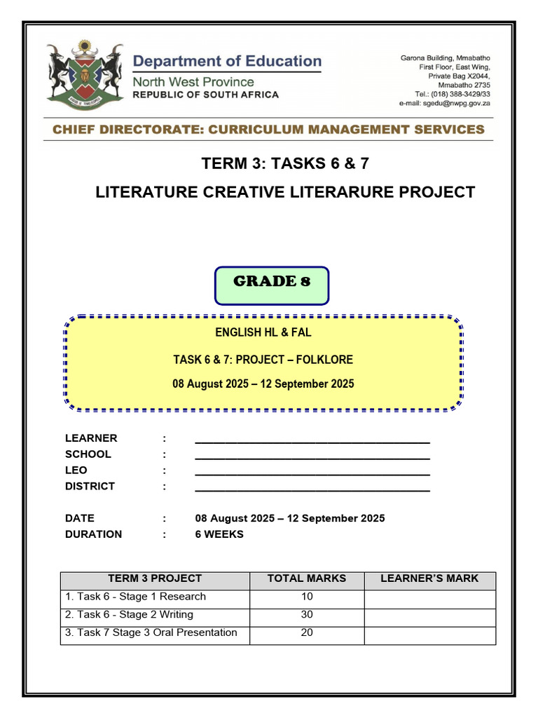 English HL & FAL Grade 8 Tasks 6 & 7 2025 - Final | PDF | Folklore | Learning