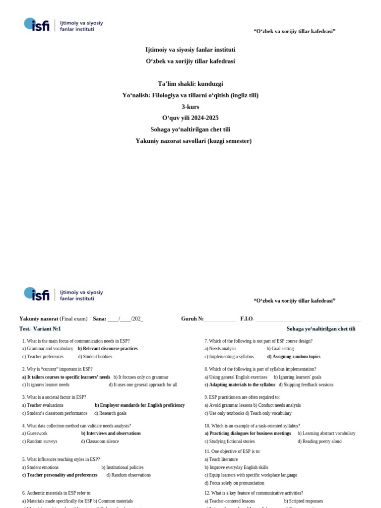 Yakuniy Nazorat Kuzgi Sohaga Yonaltirilgan Ingliz Tili | PDF | Learning | Vocabulary