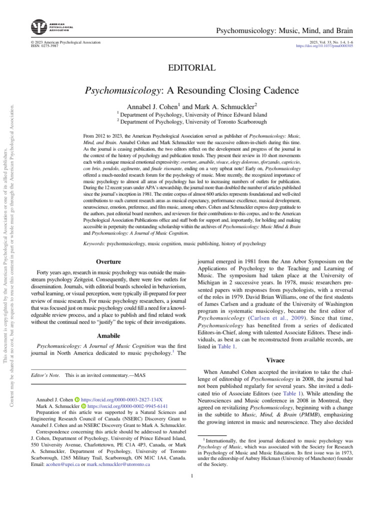 Psychomusicology Paper | PDF | Psychology | American Psychological ...
