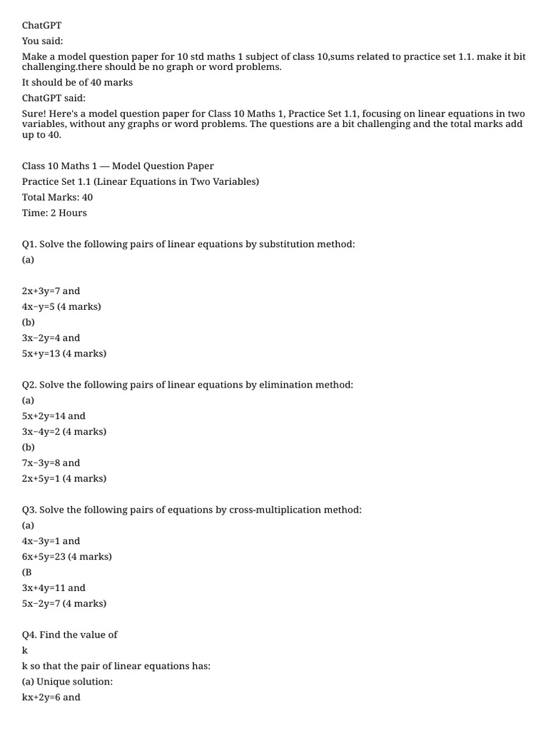 Class 10 Maths 1 Model Paper: Linear Equations | PDF
