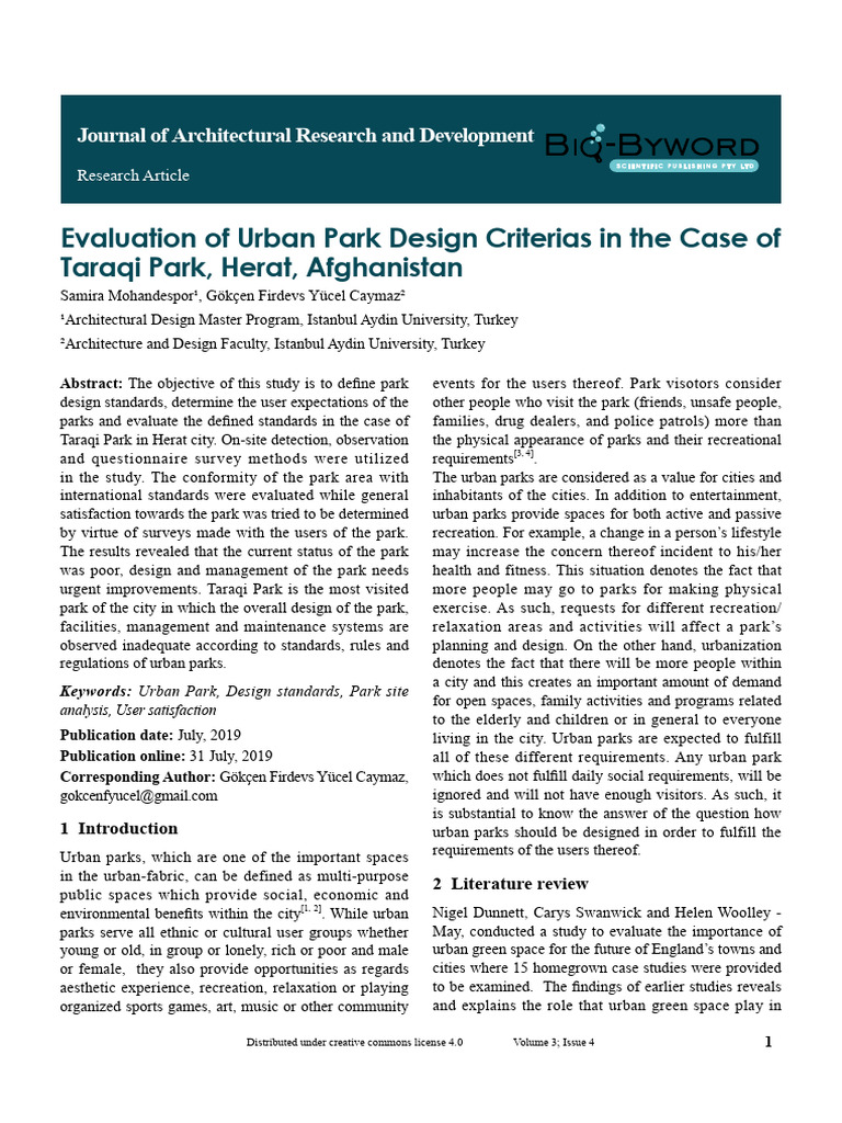Evaluation of Urban Park Design Criteria | PDF | Parking | Parks