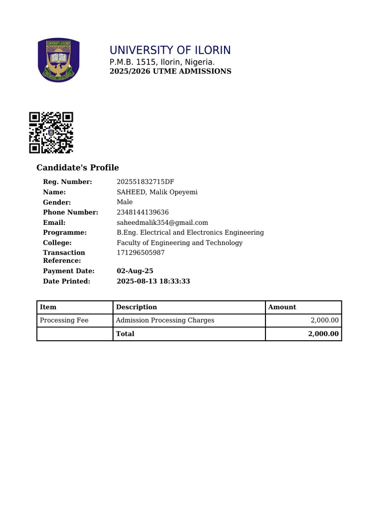 Admission Processing Slip | PDF