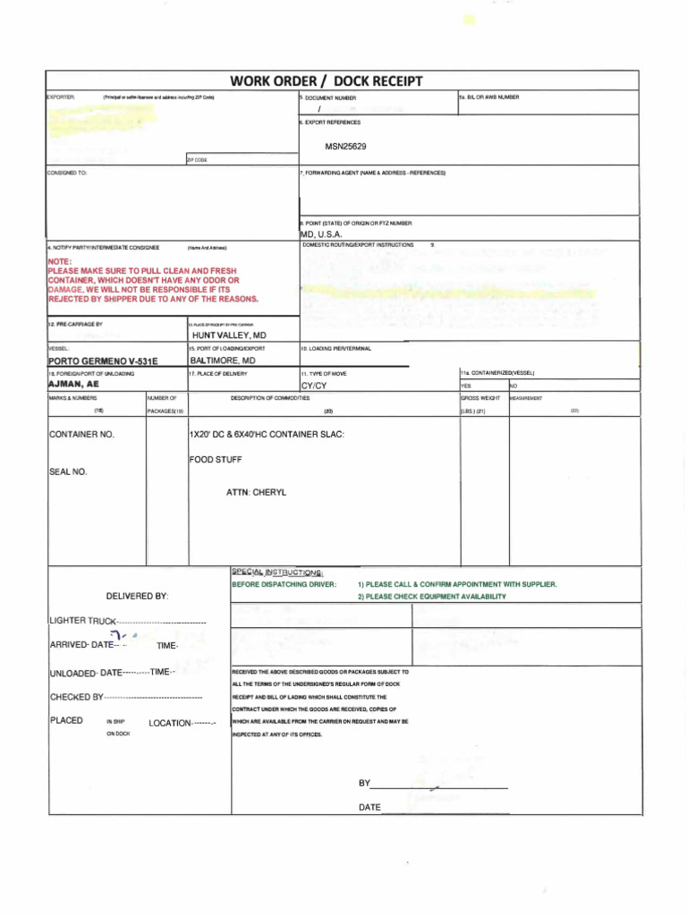 Dock Receipt and Export Instructions | PDF | Freight Transport | Supply ...