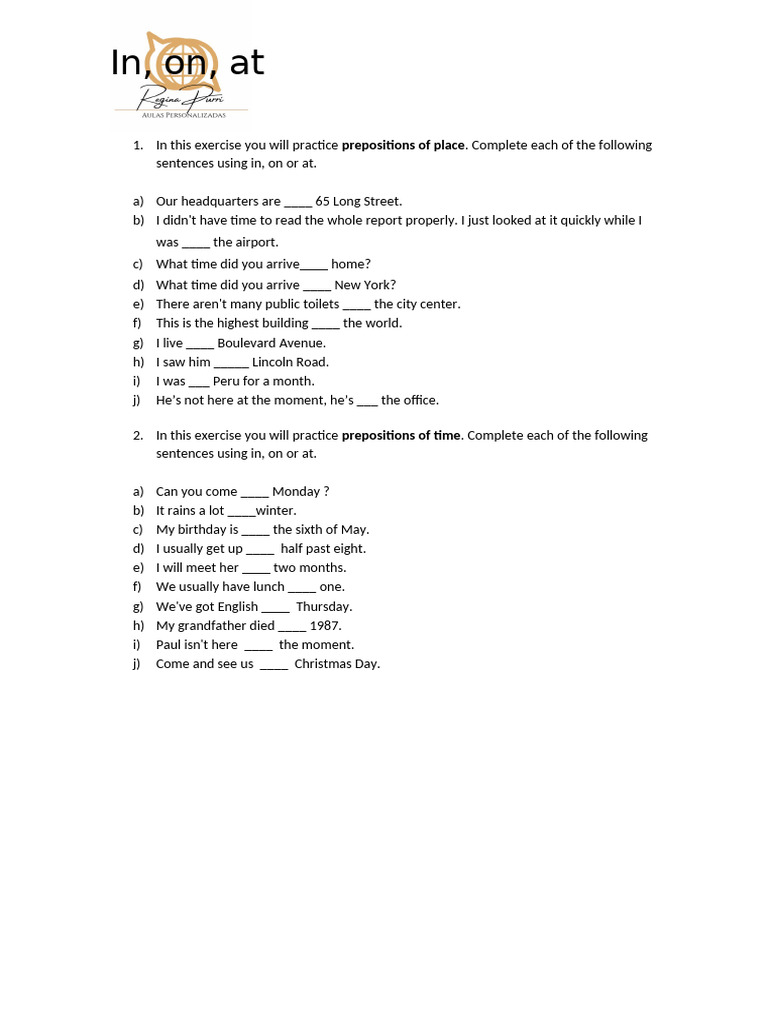 Prepositions Practice: In, On, At Exercises | PDF