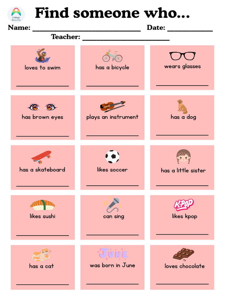 Find Someone Who Icebreaker Worksheet in Green Colorful Style ...