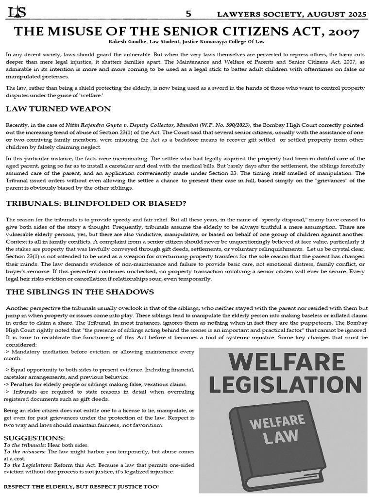 The Misuse of Senior Citizens Act, 2007 | PDF | Sibling | Justice