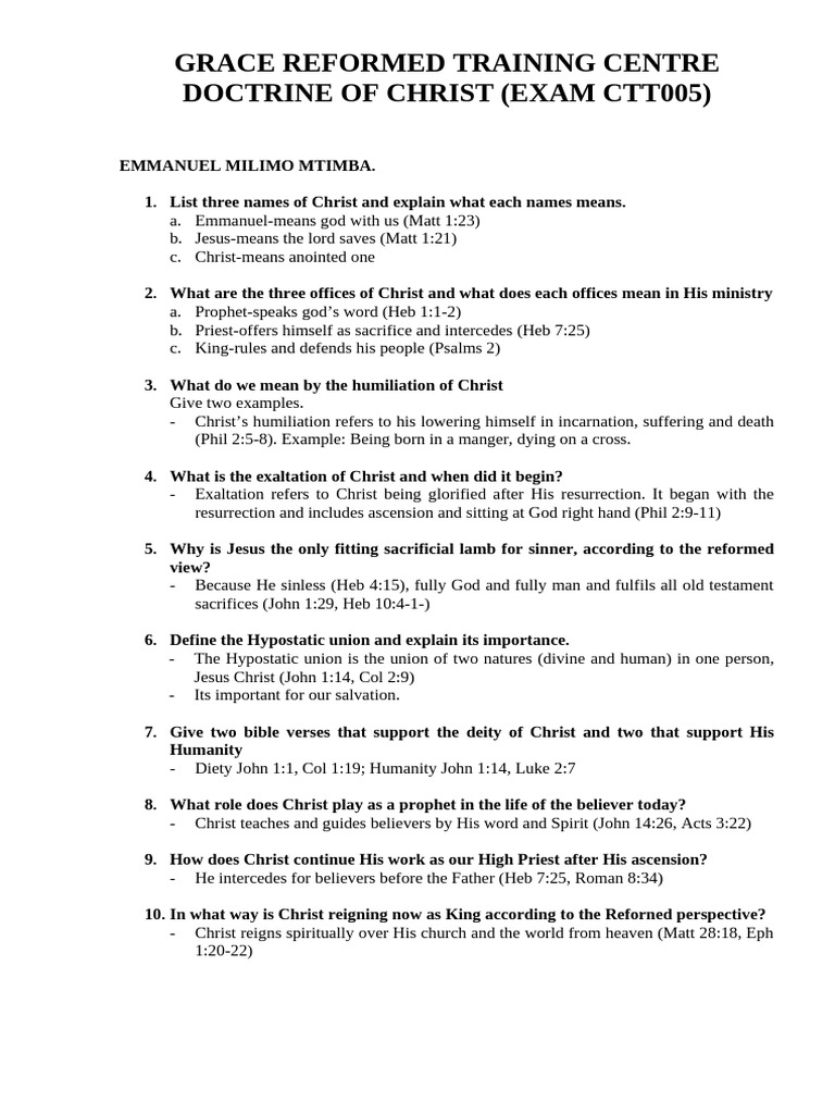 Doctrine of Christ Certificate Level Grace Centre Kenya | PDF