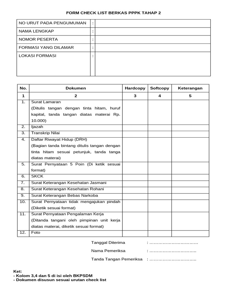 Checklist Berkas PPPK Tahap 2 | PDF