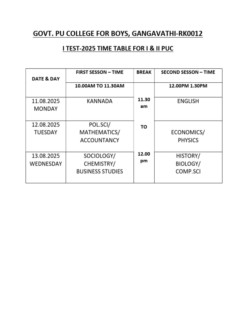 I Test Time Table 2025 1 | PDF
