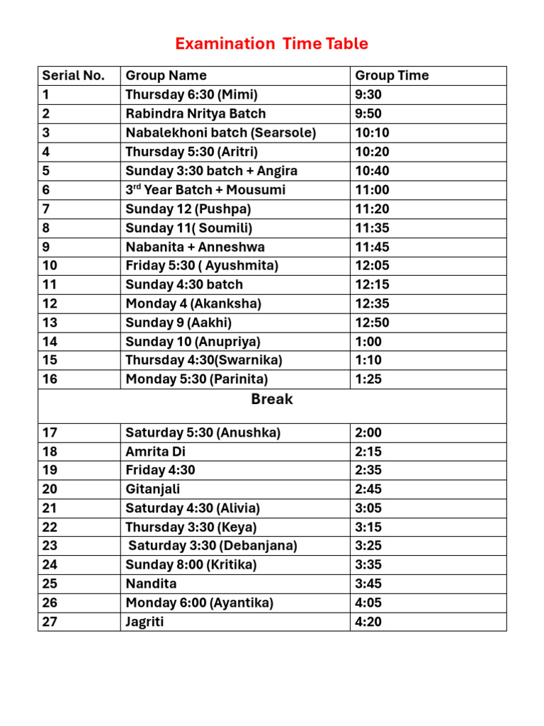 Examination Time Table: Break | PDF