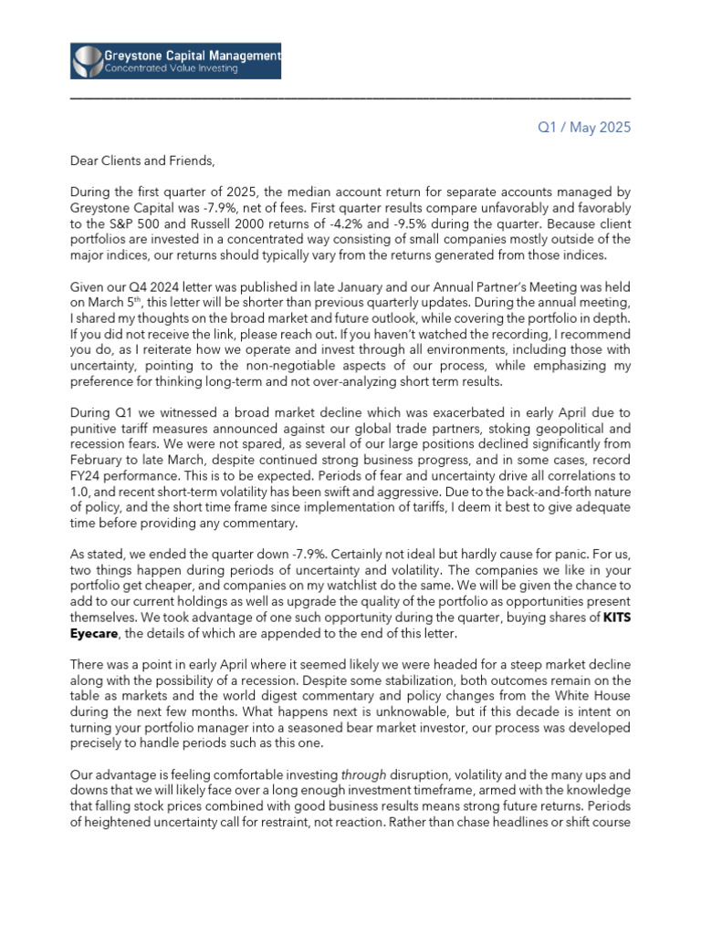 Greystone Capital Q1 2025 Letter | PDF | Glasses | E Commerce