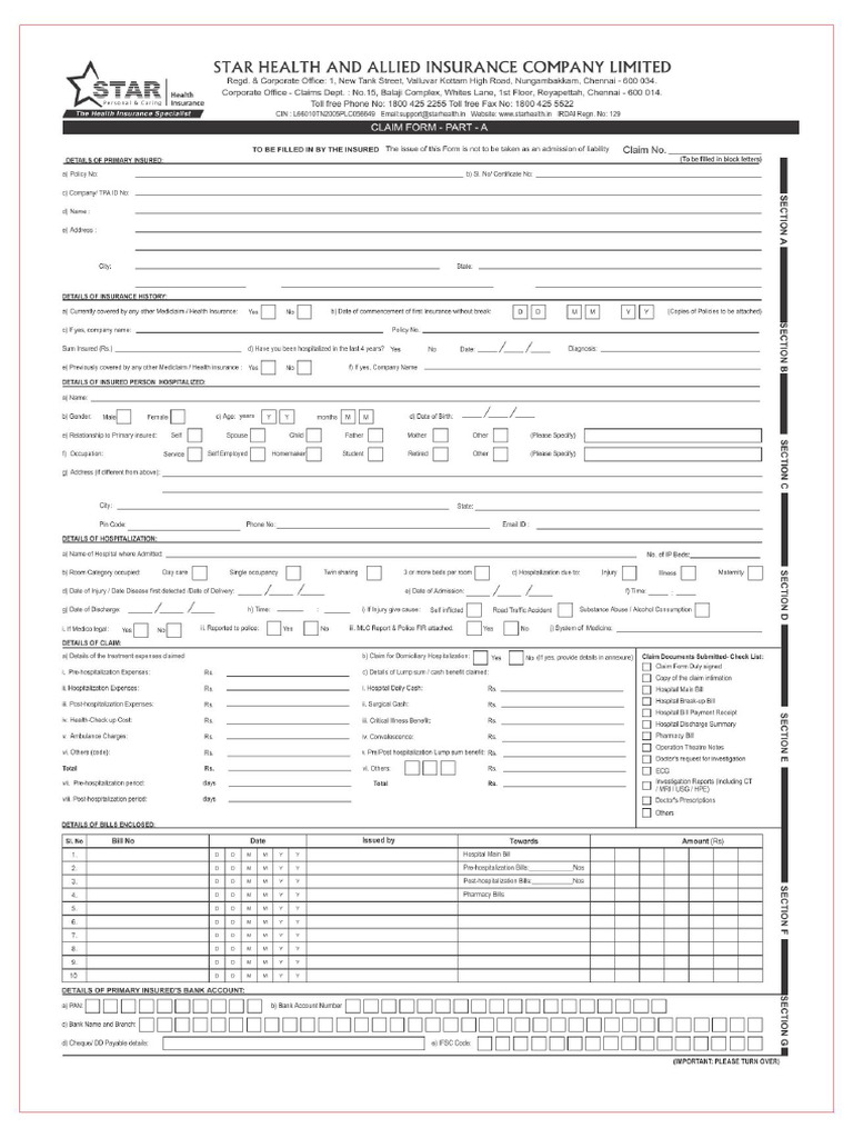 Claim Form Star Health Insurance | PDF