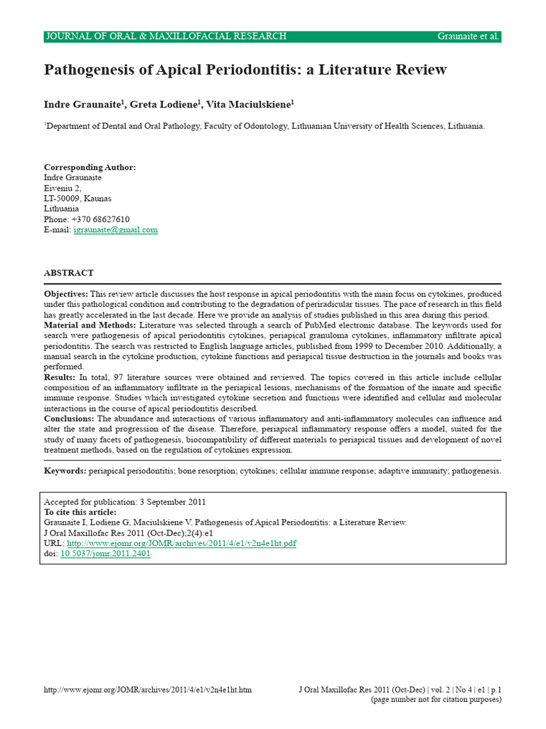 Pathogenesis of Apical Periodontitis - A Literature Review | PDF | T ...