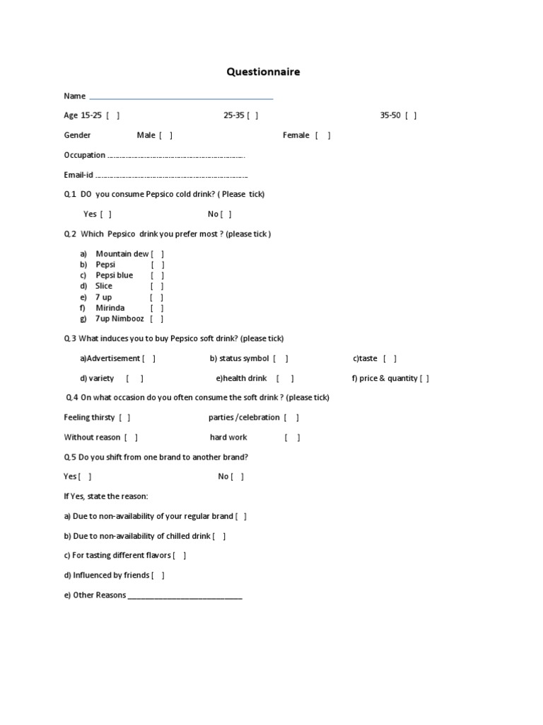 Questionnaire | PDF | Pepsi Co | Pepsi