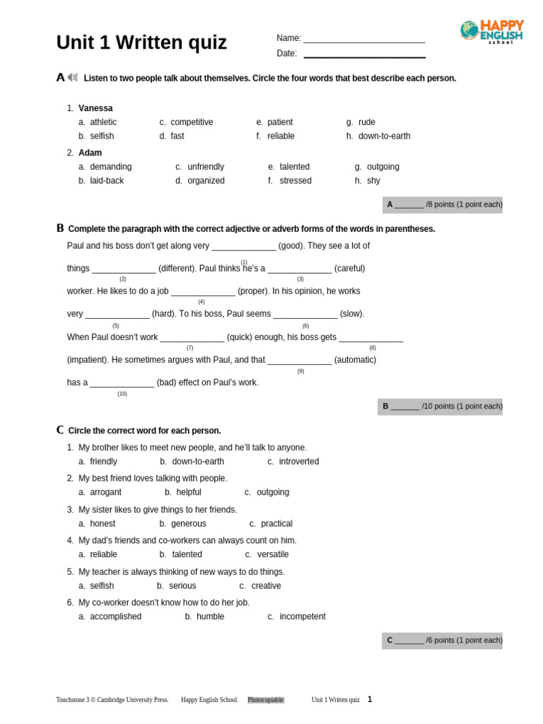 Unit 1 Written Quiz: Listen To Two People Talk About Themselves. Circle ...