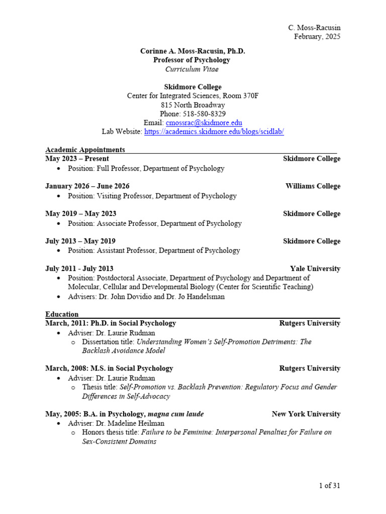 Moss-Racusin CV | PDF | Psychology | Gender