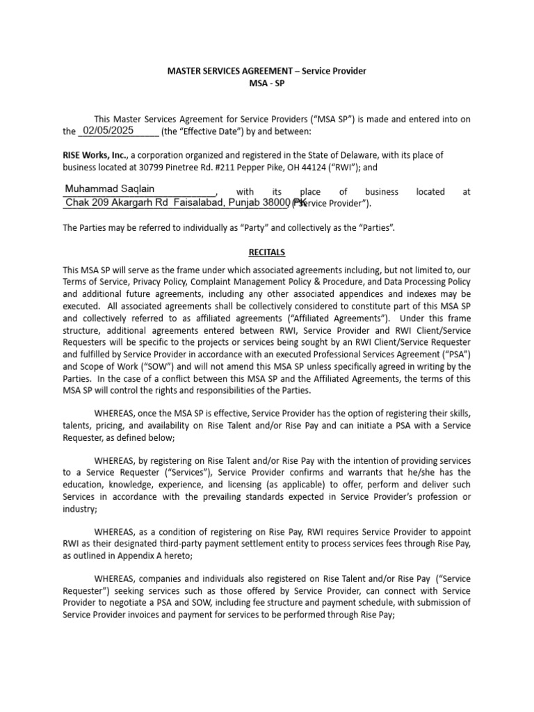 Master Services Agreement for Providers | PDF | Indemnity | Breach Of ...