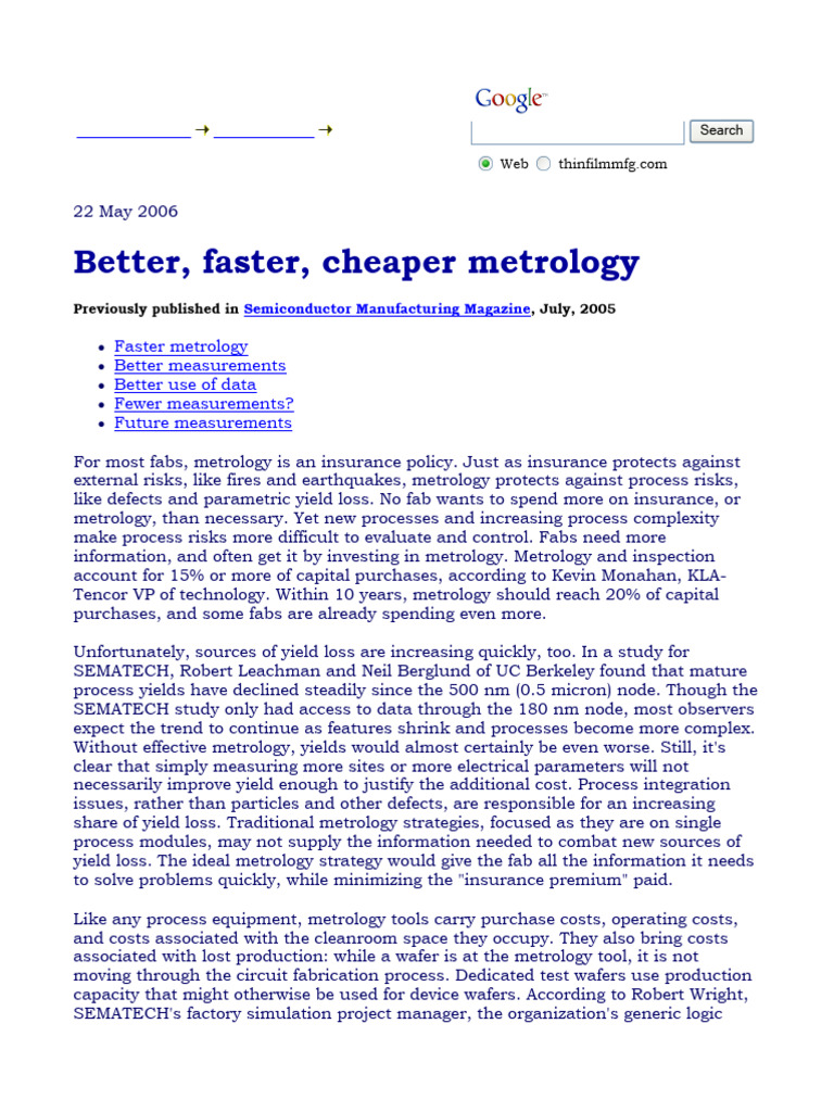 Better Faster Cheaper Metrology - 22may06 | PDF | Semiconductor Device ...