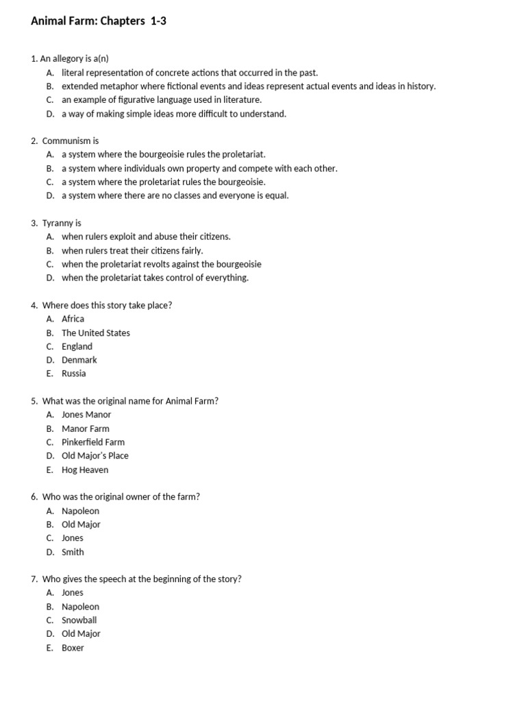 Animal Farm Quiz Chapters 1-3 | PDF