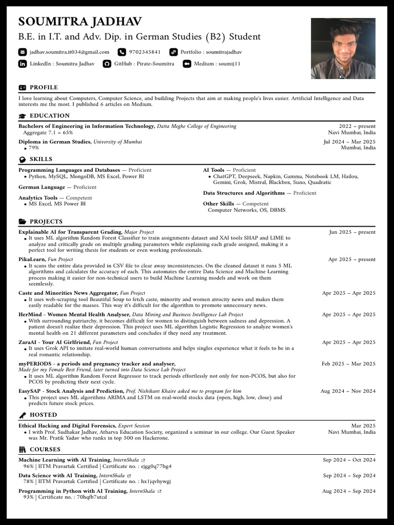 Soumitra Jadhav Flowcv Resume 20250810 | PDF | Artificial Intelligence | Intelligence (AI ...