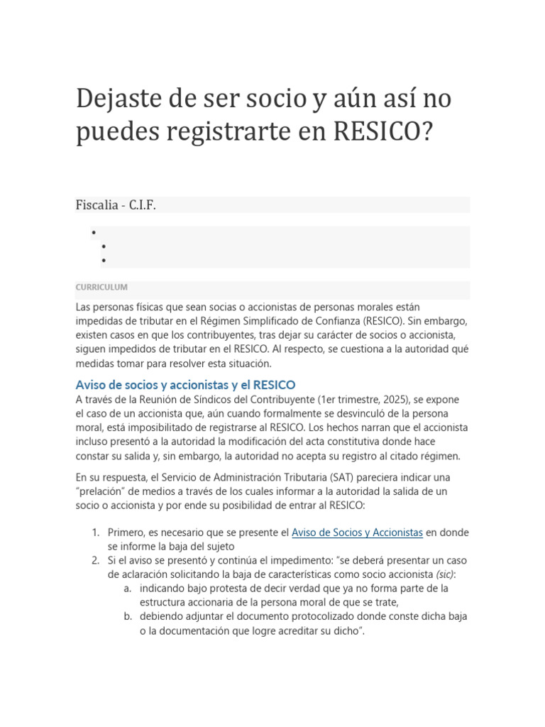 Dejaste de Ser Socio y Aún Así No Puedes Registrarte en RESICO | PDF