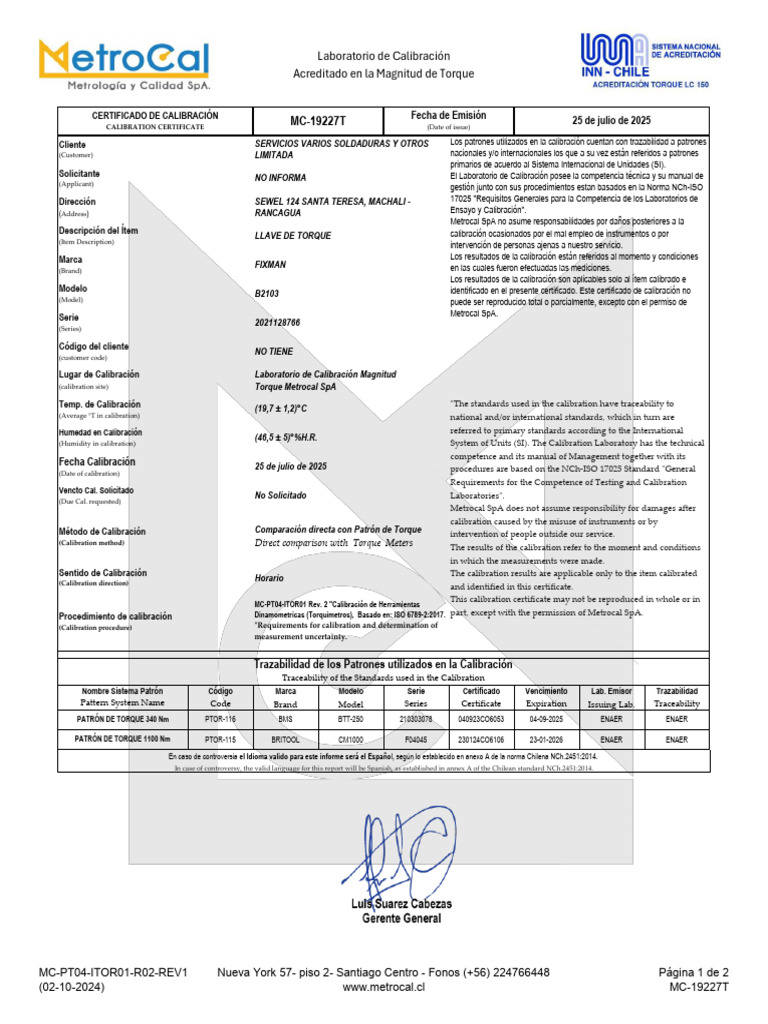 Laboratorio de Calibración Acreditado en La Magnitud de Torque | PDF ...