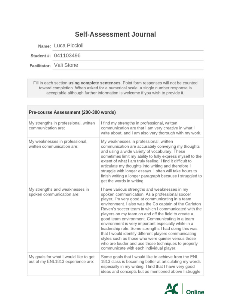Luca Piccioli's Self-Assessment Journal | PDF | Communication | Human ...