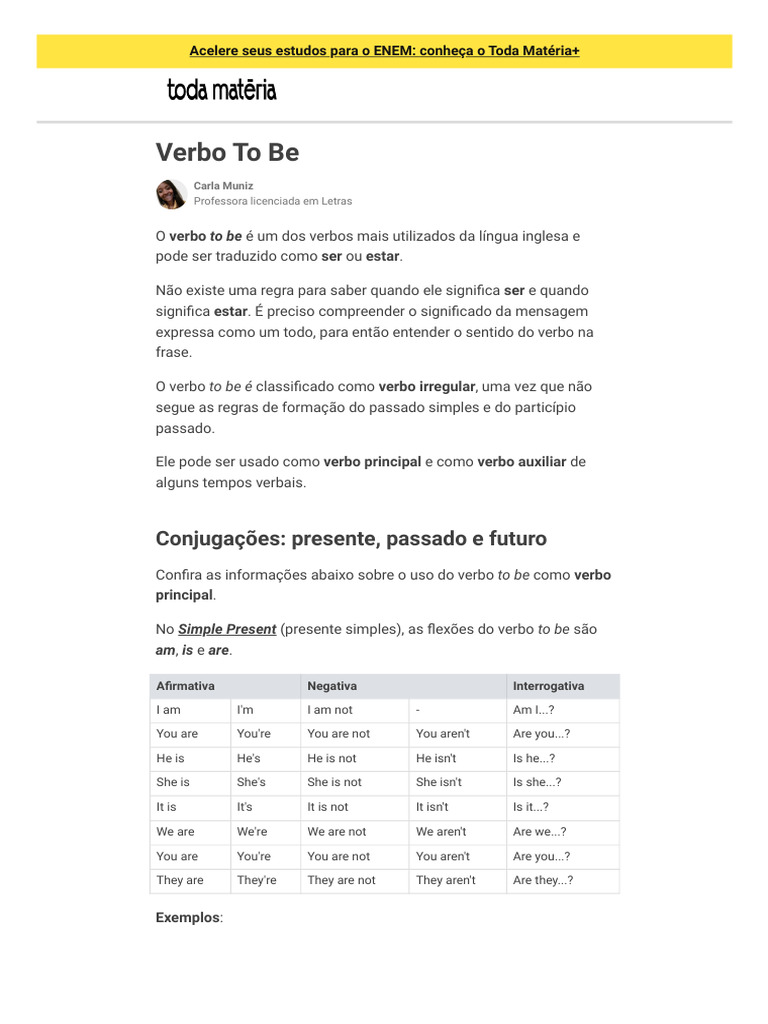 Uso do Verbo To Be em Inglês | PDF | Assunto (gramática) | Sintaxe