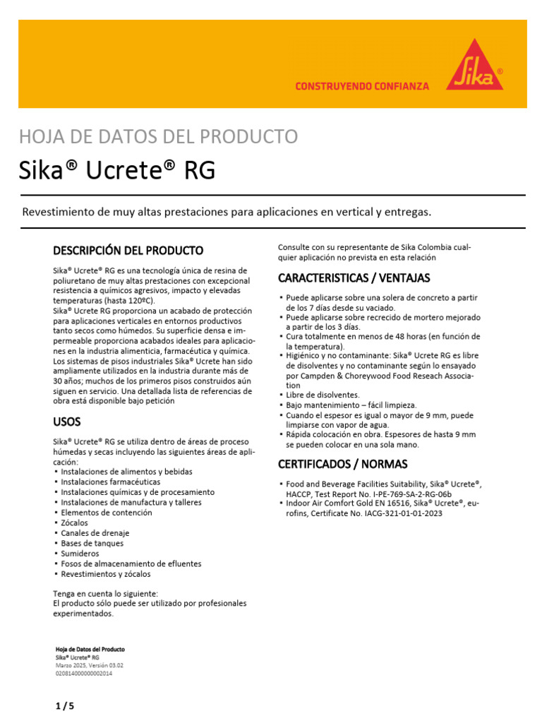 Sika Ucrete RG | PDF | Hormigón | Agua