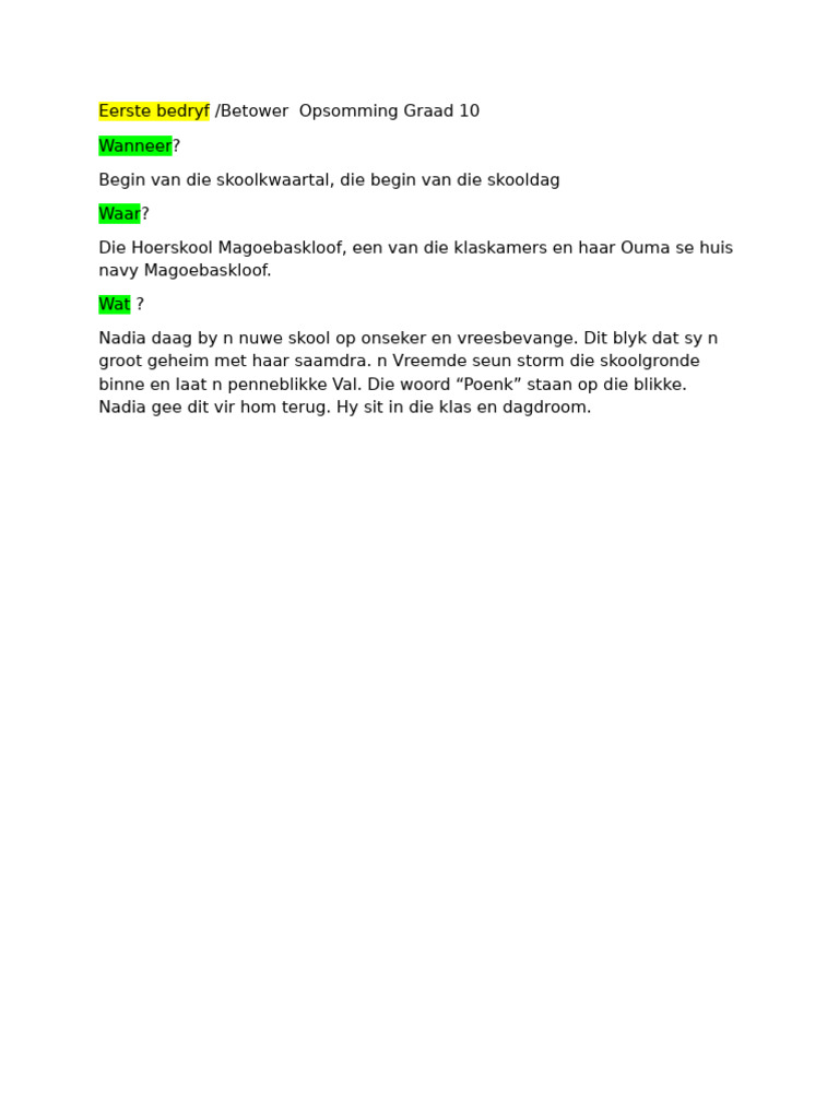 Eerste Bedryf Opsomming Graad 10 | PDF