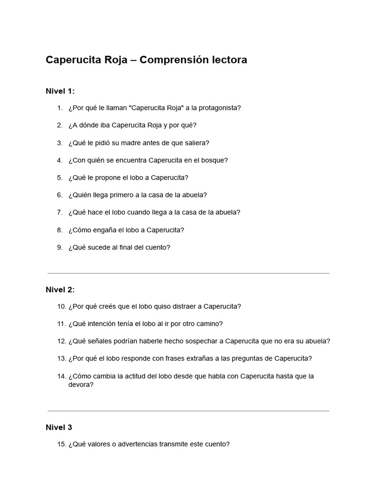 Caperucita Roja – Comprensión Lectora | PDF