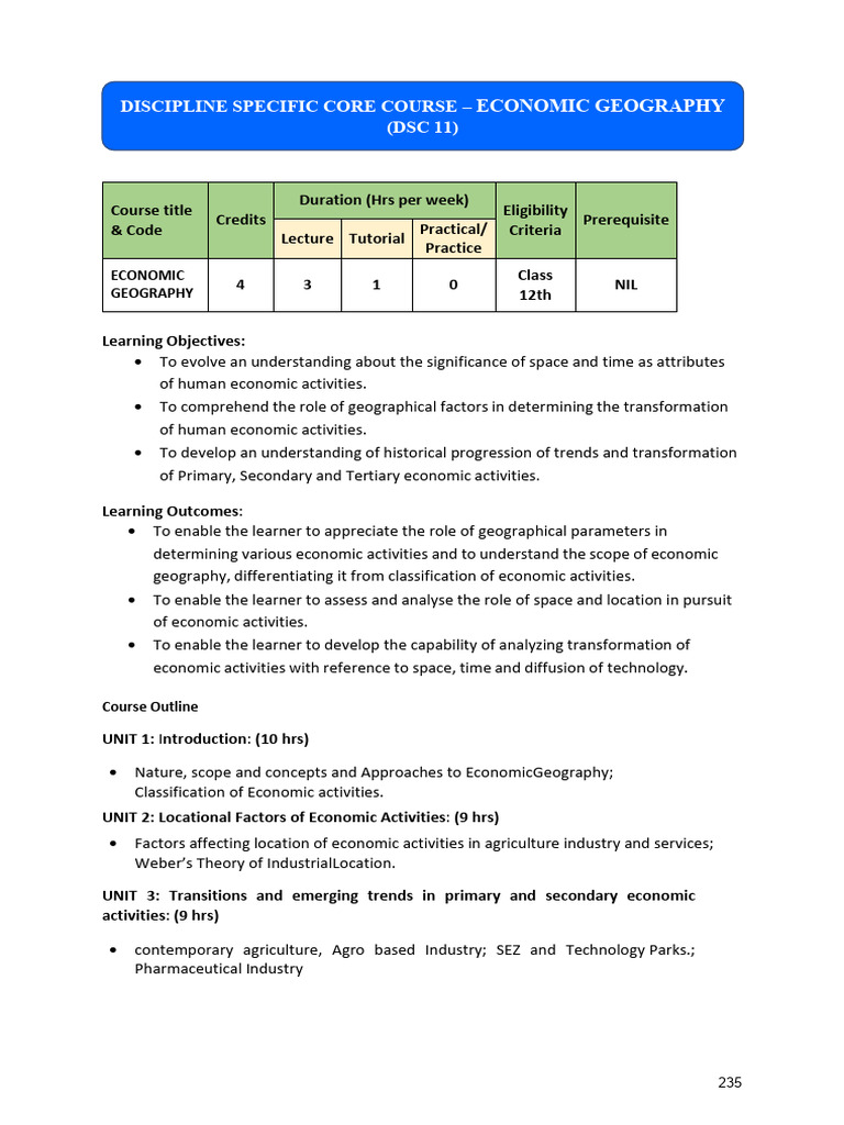 Discipline Specific Core Course - (DSC 11) : Economic Geography | PDF ...