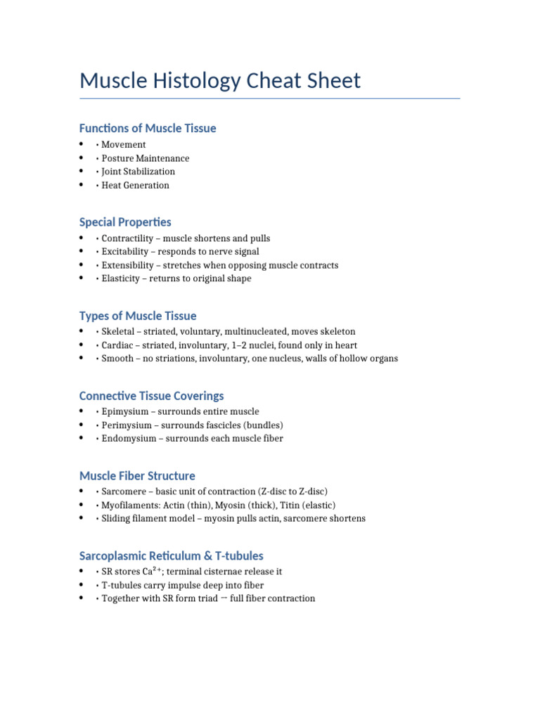 Muscle Histology Cheat Sheet | PDF
