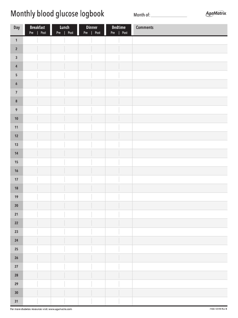 7500-10194 Rev B Artwork Logbook Monthly Blood Glucose Digital Copy | PDF