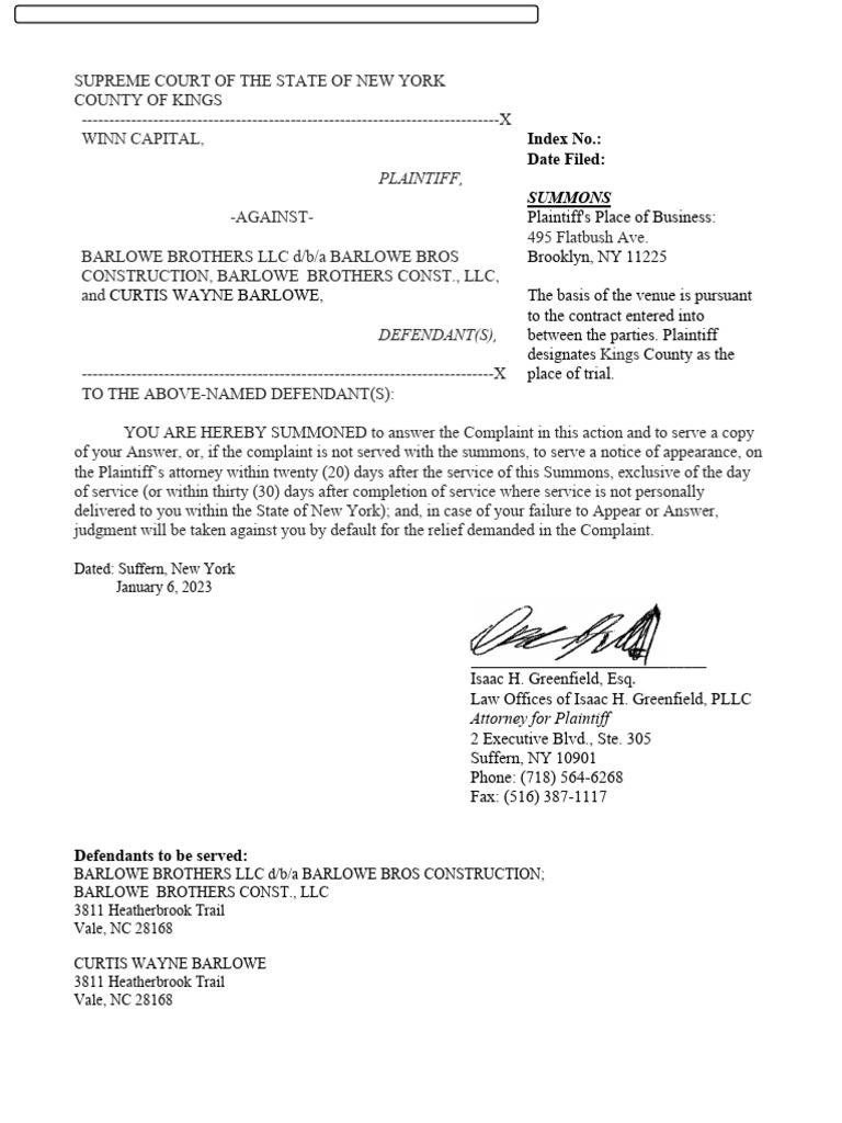 New York Supreme Court Summons, Complaint Against Barlowe | PDF | Complaint | Guarantee
