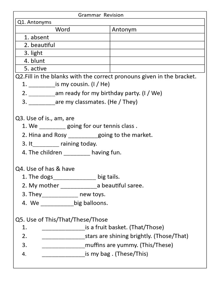 English Grade 1 Grammar Revision | PDF