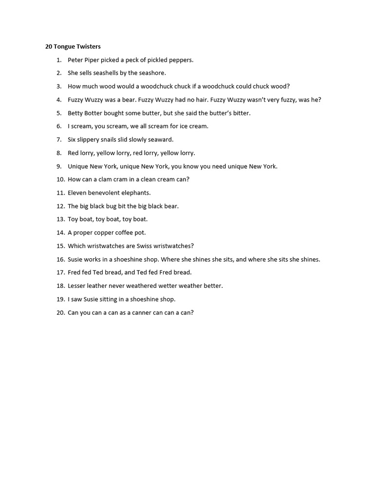20 Tongue Twisters | PDF