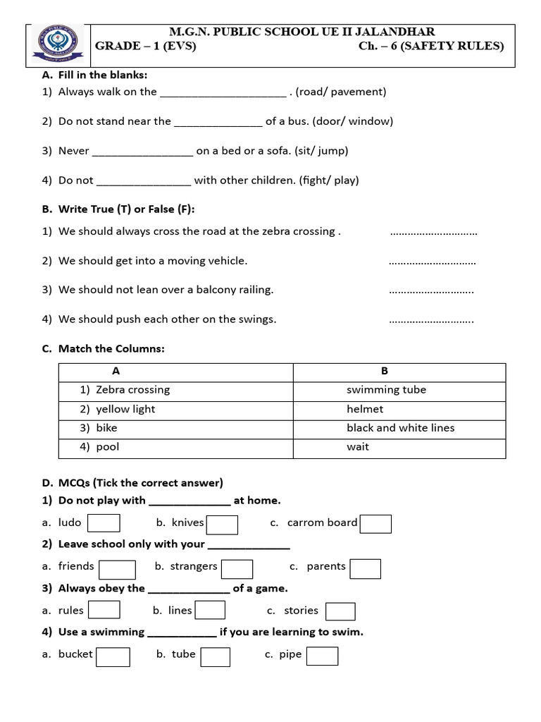 Grade 1 Safety Rules Worksheet | PDF