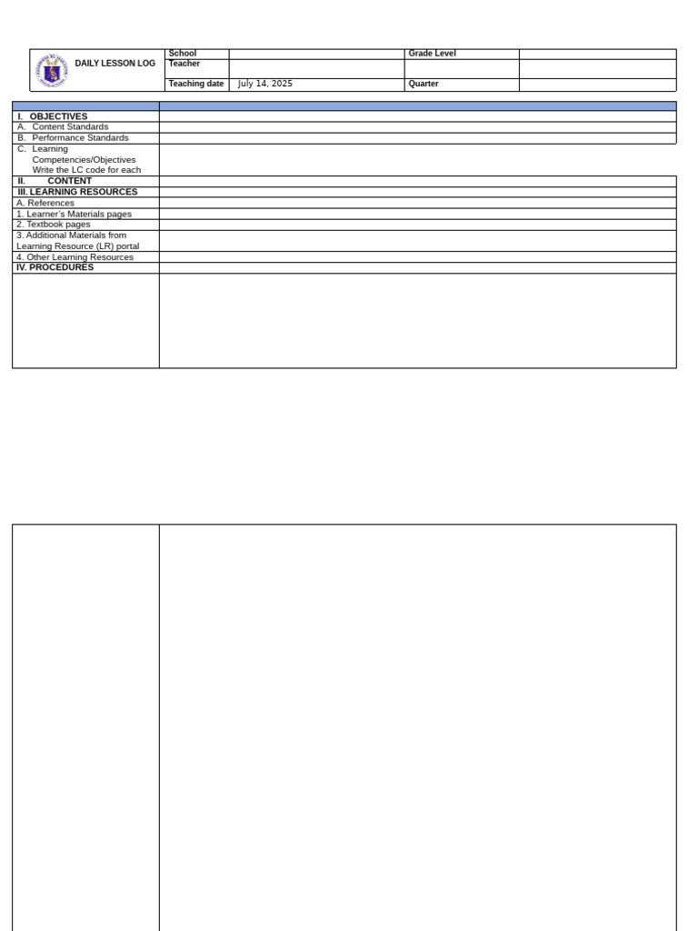 Daily Lesson Log Template Guide | PDF