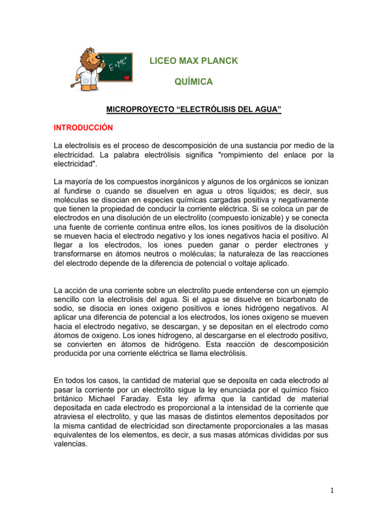Electrolisis del Agua: Proceso y Experimento | PDF | Electrólito | Ion