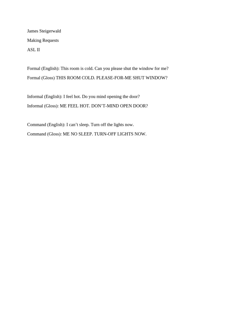 ASL Making Requests English and Gloss | PDF