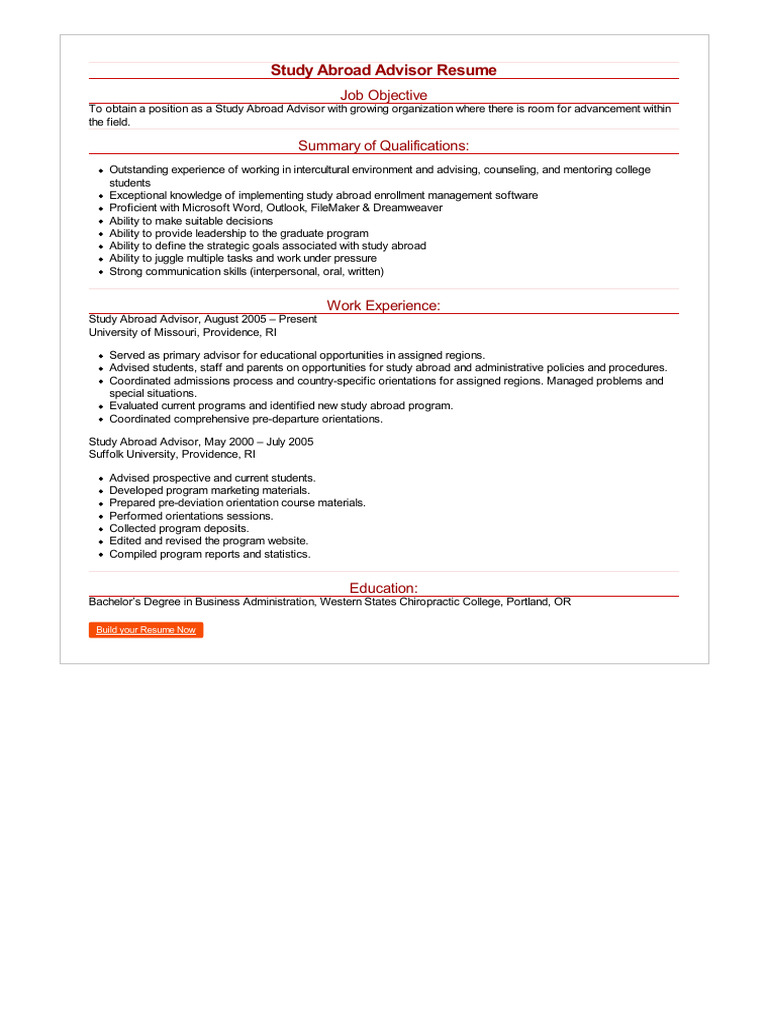 Study Abroad Advisor Resume | PDF