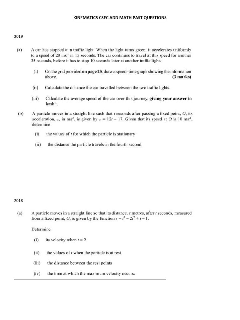 Kinematics Csec Add Math Past Questions | PDF