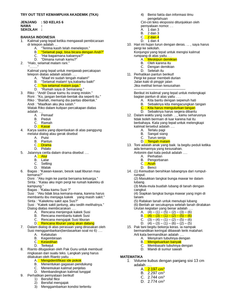 Pretest - Test Kemampuan Akademik (TKA) - SD Kelas 6 - Bahasa Indonesia ...
