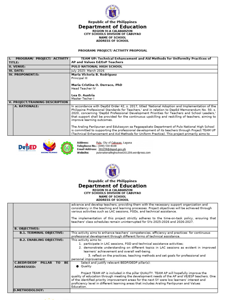 TEMPLATE-ON-PROPOSAL-PPA-SCHOOL | PDF | Teachers | Teaching Method