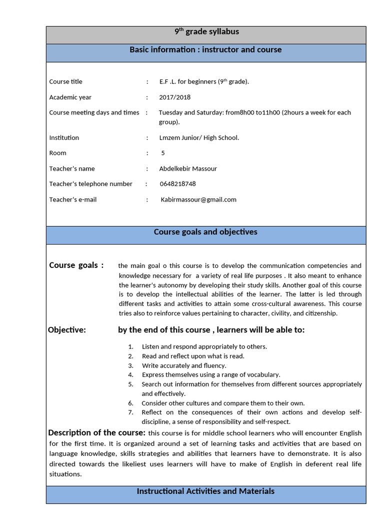 9th Grade English Syllabus Overview | PDF | Learning | Teachers