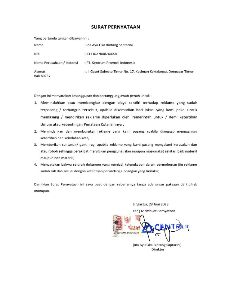Surat Pernyataan Materai | PDF