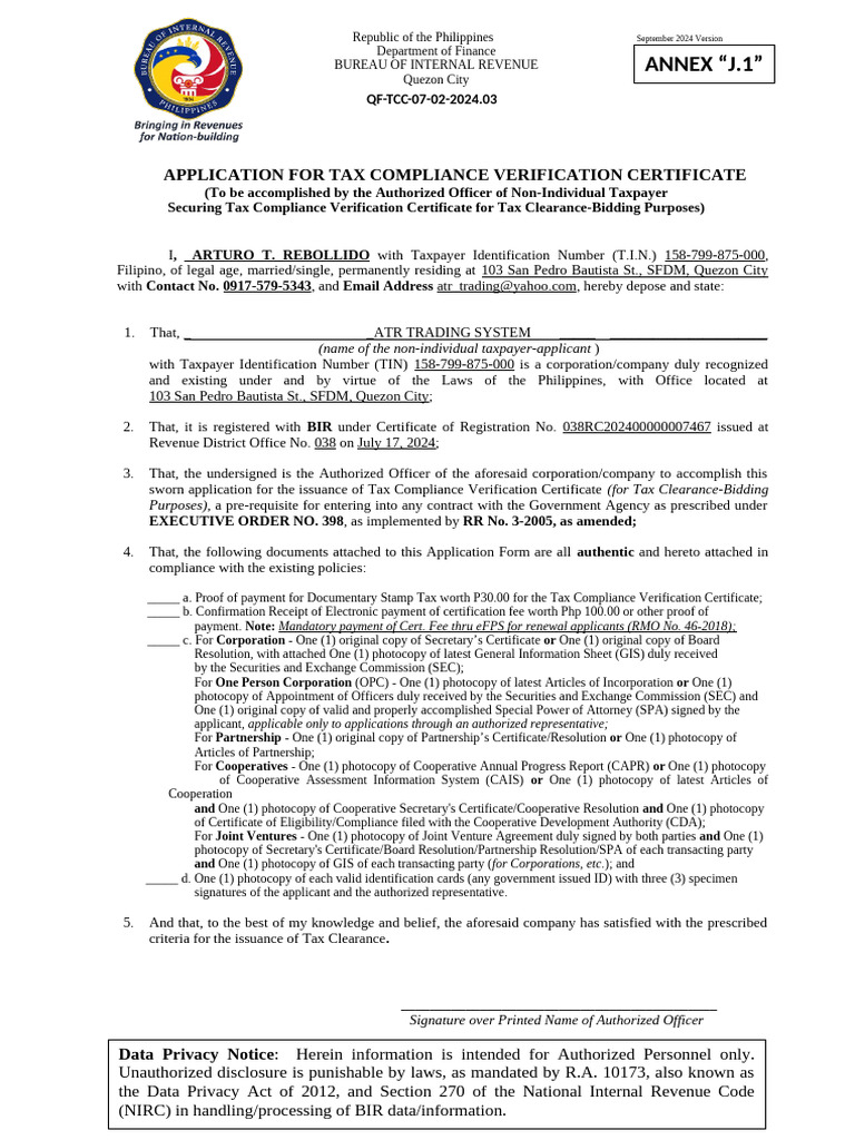 Application Form For Tax Compliance Verification Certificate (Non-Individual Taxpayers) | PDF