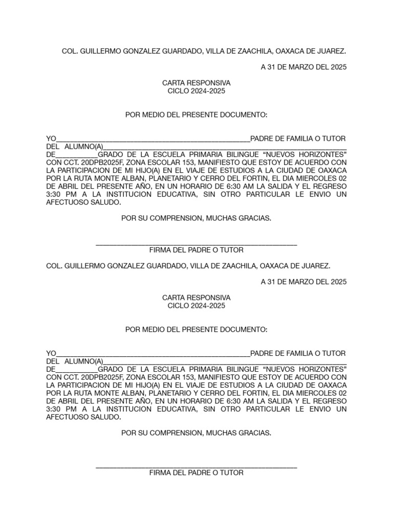 Carta Responsiva Salida 2025 | PDF